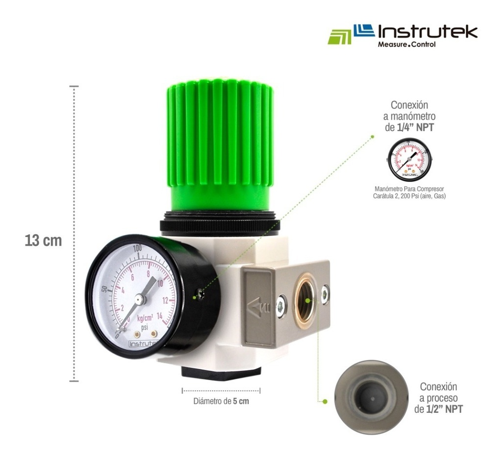 Regulador Alta Presión Neumático 1/2 200 Psi C/manómetro | Instrutek